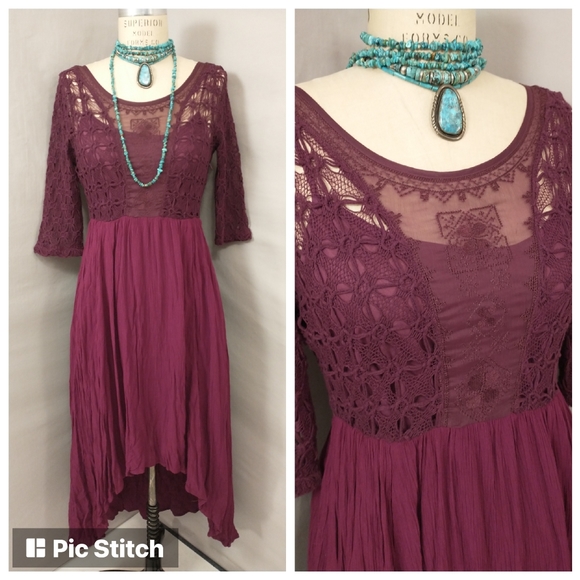 Free People | Dresses | Rich Plum Purple Bohemian Free People Dress Hi Lo Hem Sexy Crochet Sheer ...